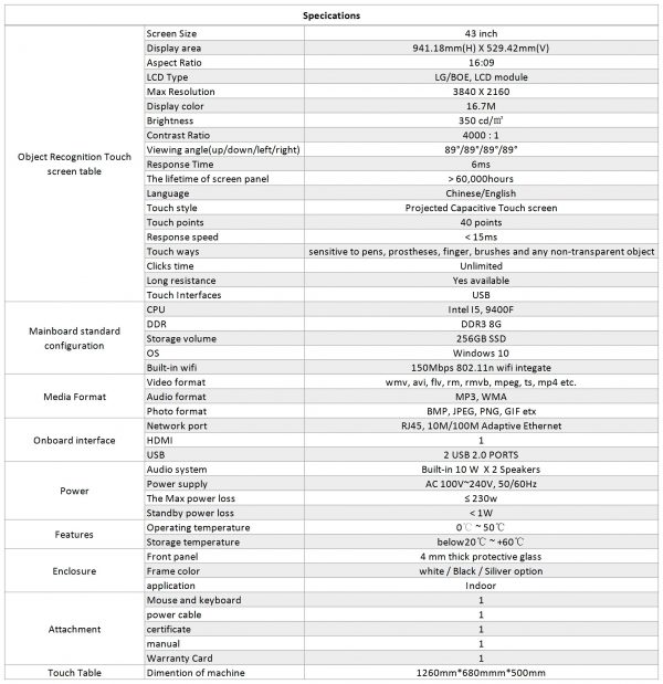 43 Inch Intelligent Object Recognition Touch Screen Table
