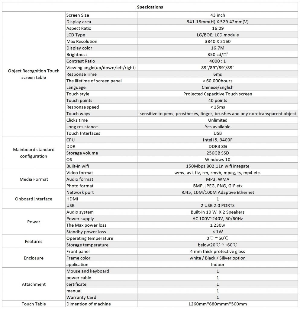 43 Inch Intelligent Object Recognition Touch Screen Table